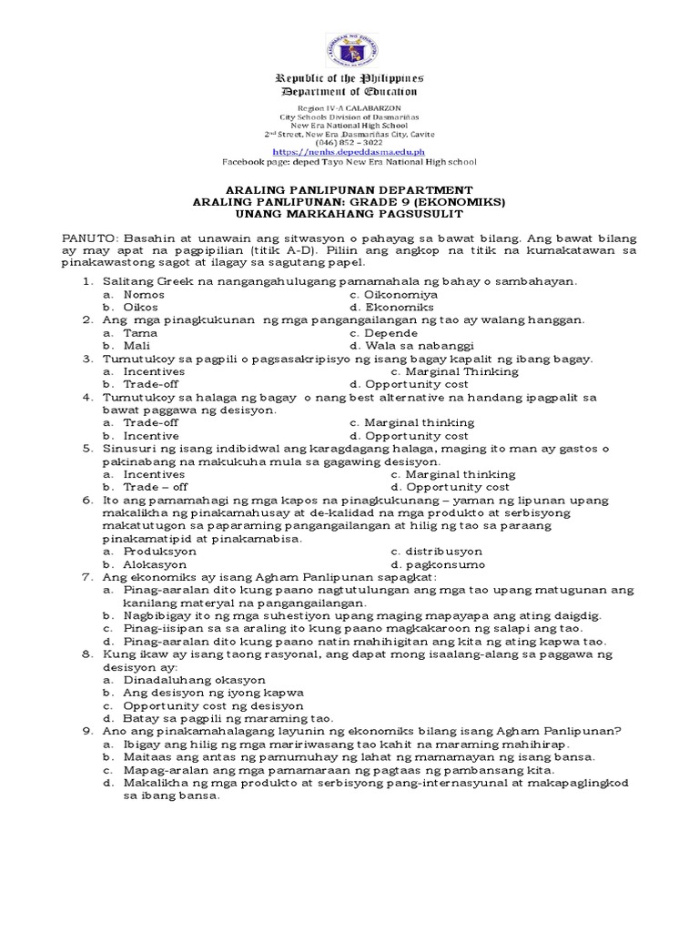 1st Periodical Test in Ap9 2022-2023 | PDF