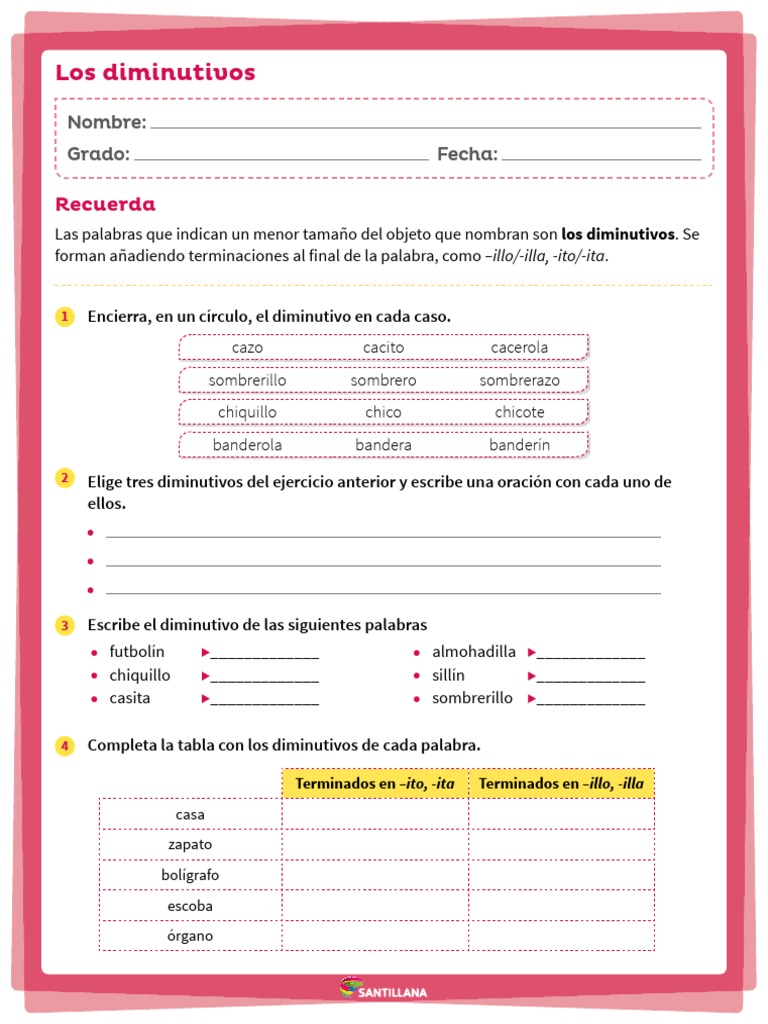Ejercicios de Diminutivos para Niños | PDF