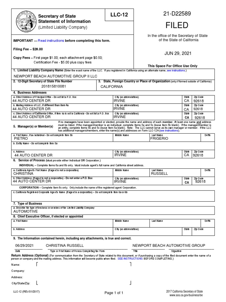 Filed: Secretary of State Statement of Information | PDF | Limited ...
