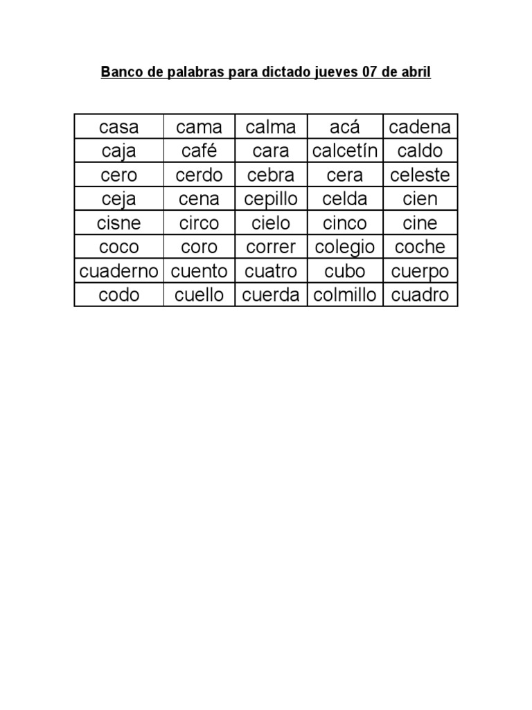 Banco de Palabras para Dictado 1° Grado | PDF