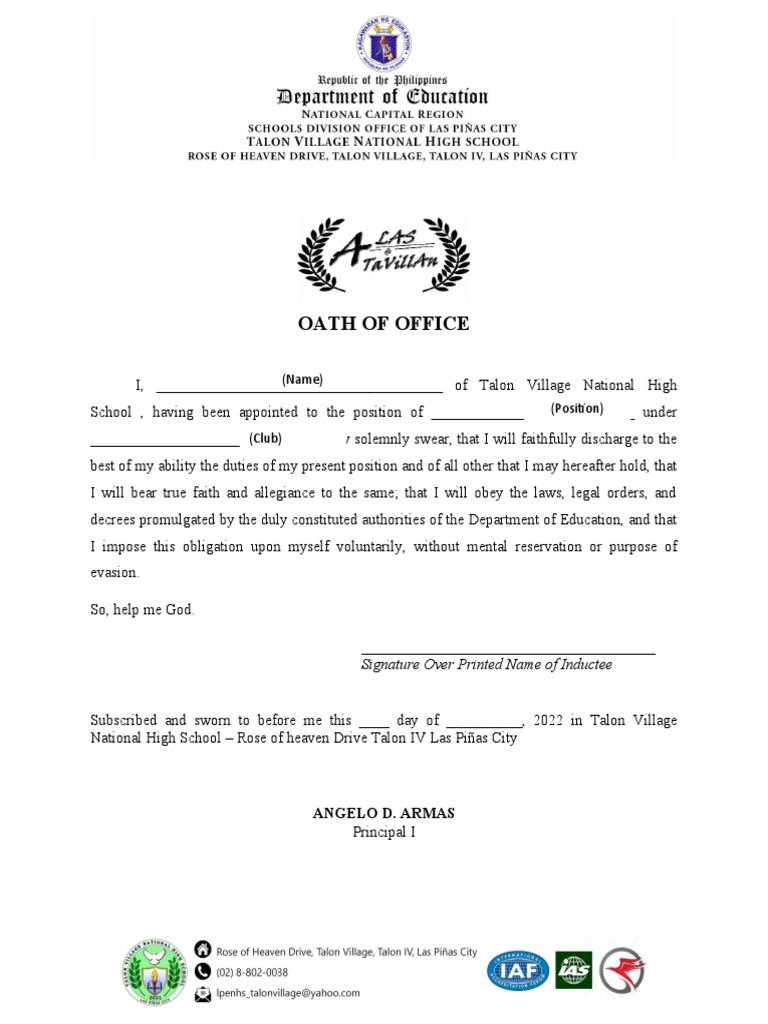 Oath of Office Form - 2021 - 2022 | PDF