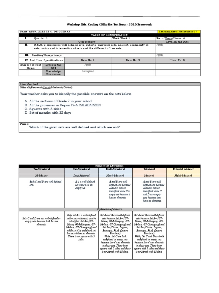 1st Quarter CBEA-Math 7 - Week 1 To 4 | PDF | Set (Mathematics) | Mathematics