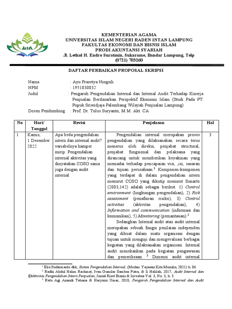 DAFTAR PERBAIKAN PROPOSAL SKRIPSI - Ayu Prasetya Ningsih | PDF