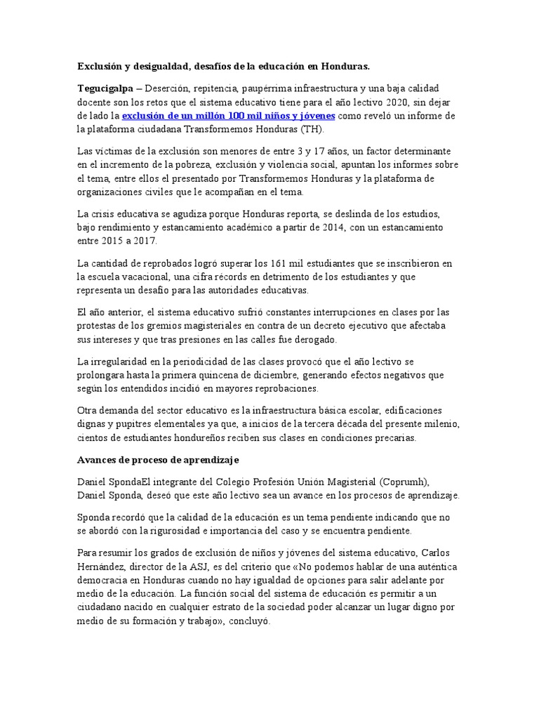 Exclusion Escolar y La Deficiencia Del Sistema Educativo | PDF ...