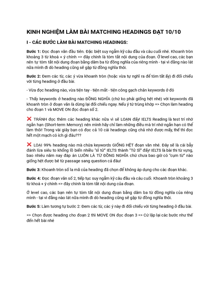 Kinh Nghiệm Làm Bài Matching Headings Đạt 10 - 10 | PDF