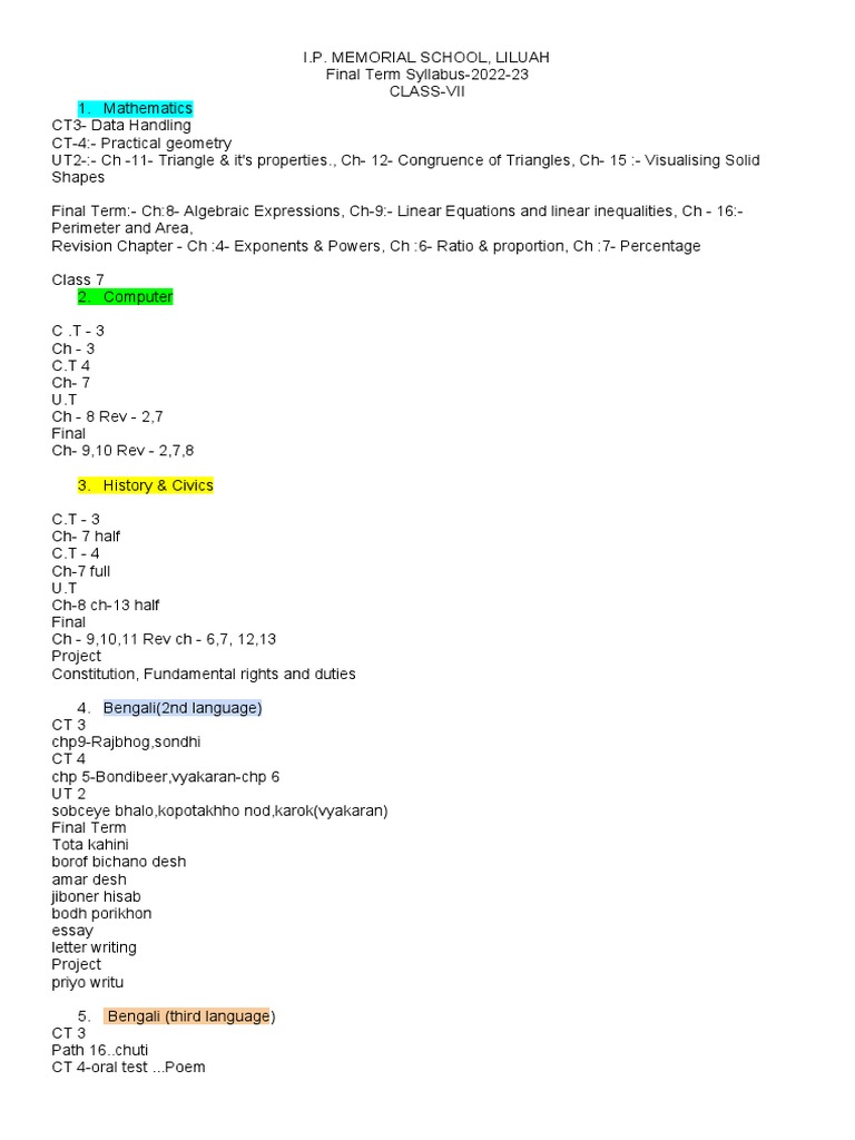 Class 7 Final Term Syllabus | PDF | Verb | Sentence (Linguistics)