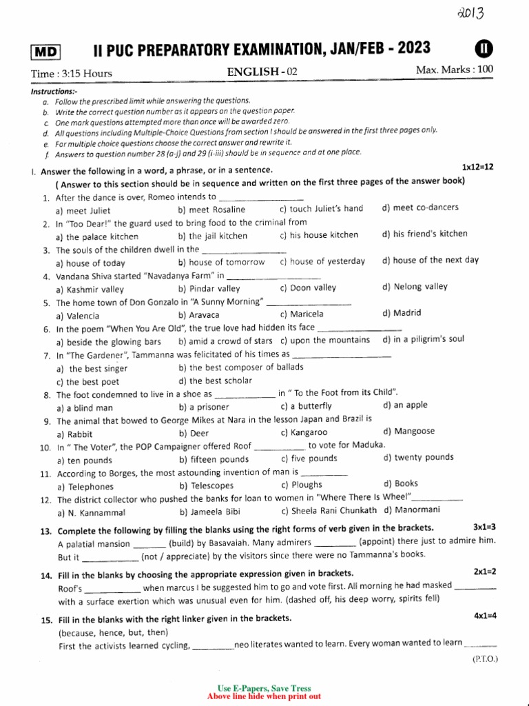 2nd Puc English State Level Preparatory Exam Question Paper 2023 | PDF