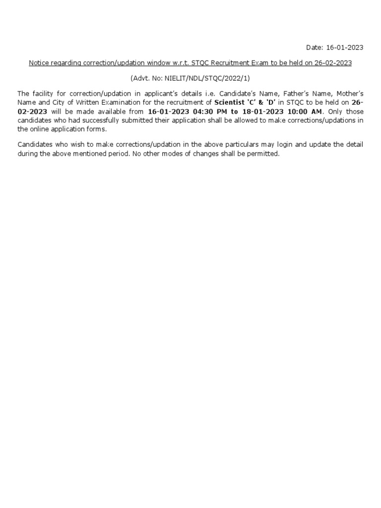 STQC Exam Notice Centre Change | PDF