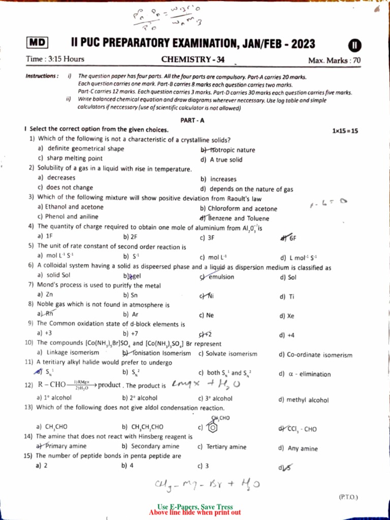 2nd Puc Chemistory State Level Preparatory Exam Question Paper 2023 ...
