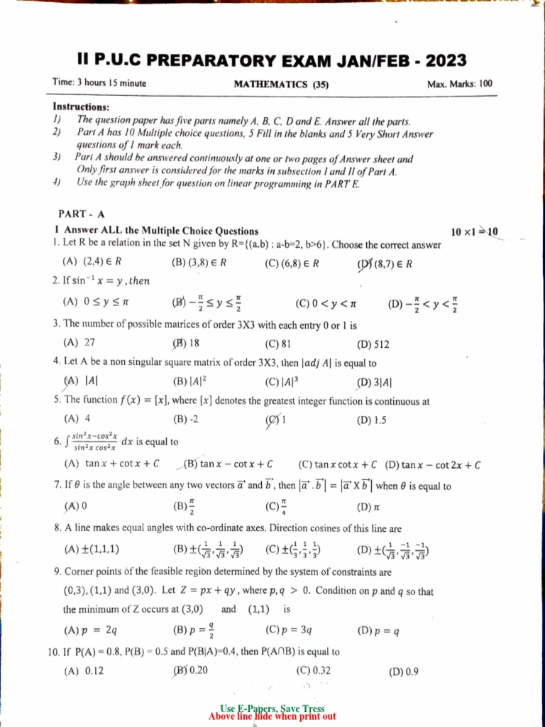 2nd Puc Mathematics State Level Preparatory Exam Question Paper 2023 | PDF 2nd Puc Mathematics State Level Preparatory Exam Question Paper 2023 | PDF