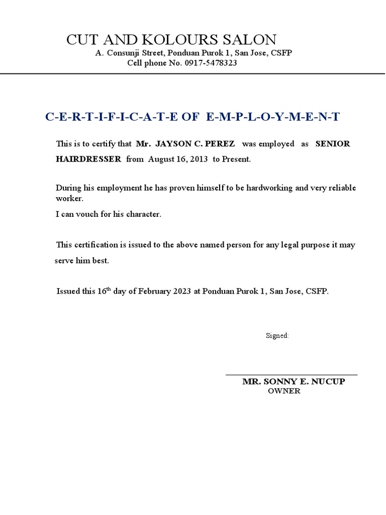 Certification of Employment CUT and COLORS | PDF