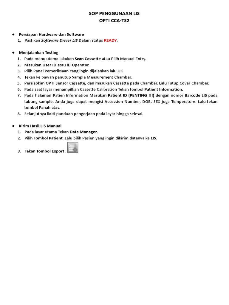 SOP Penggunaan LIS CCA-TS2 | PDF