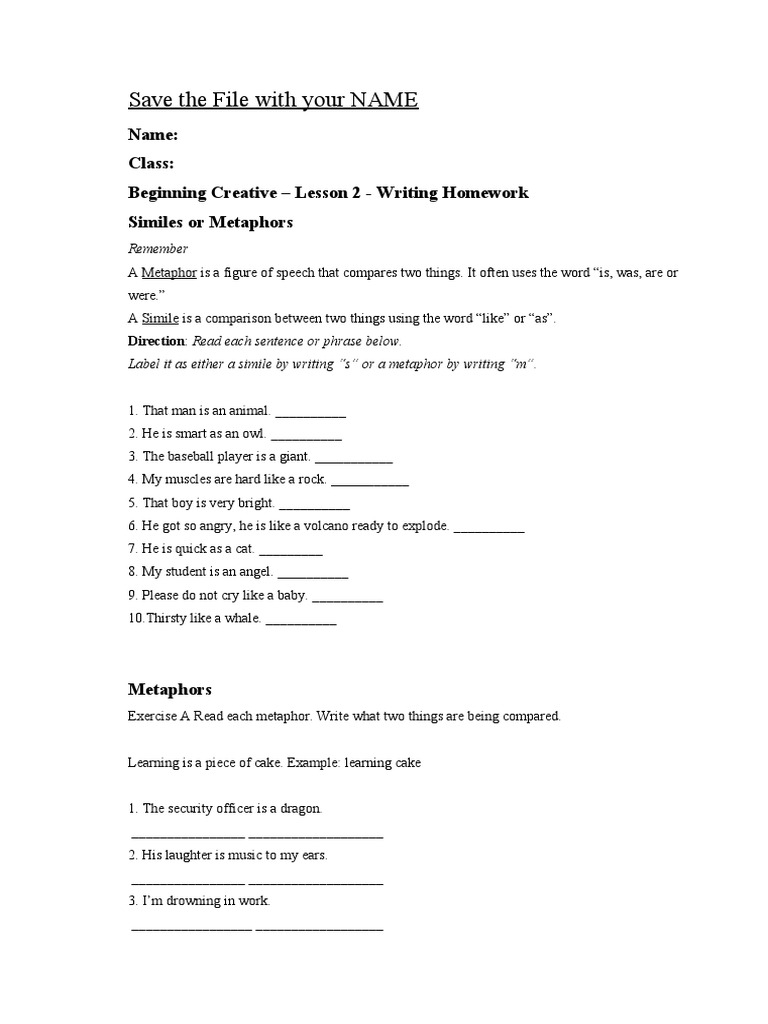 Beg. Creative Writing HW L2 - Similes and Metaphors | PDF