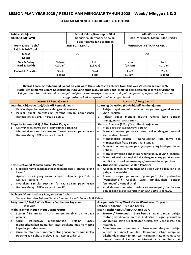 Lesson Plan Year 2023 / Persediaan Mengajar Tahun 2023 Week / Minggu: 1 ...