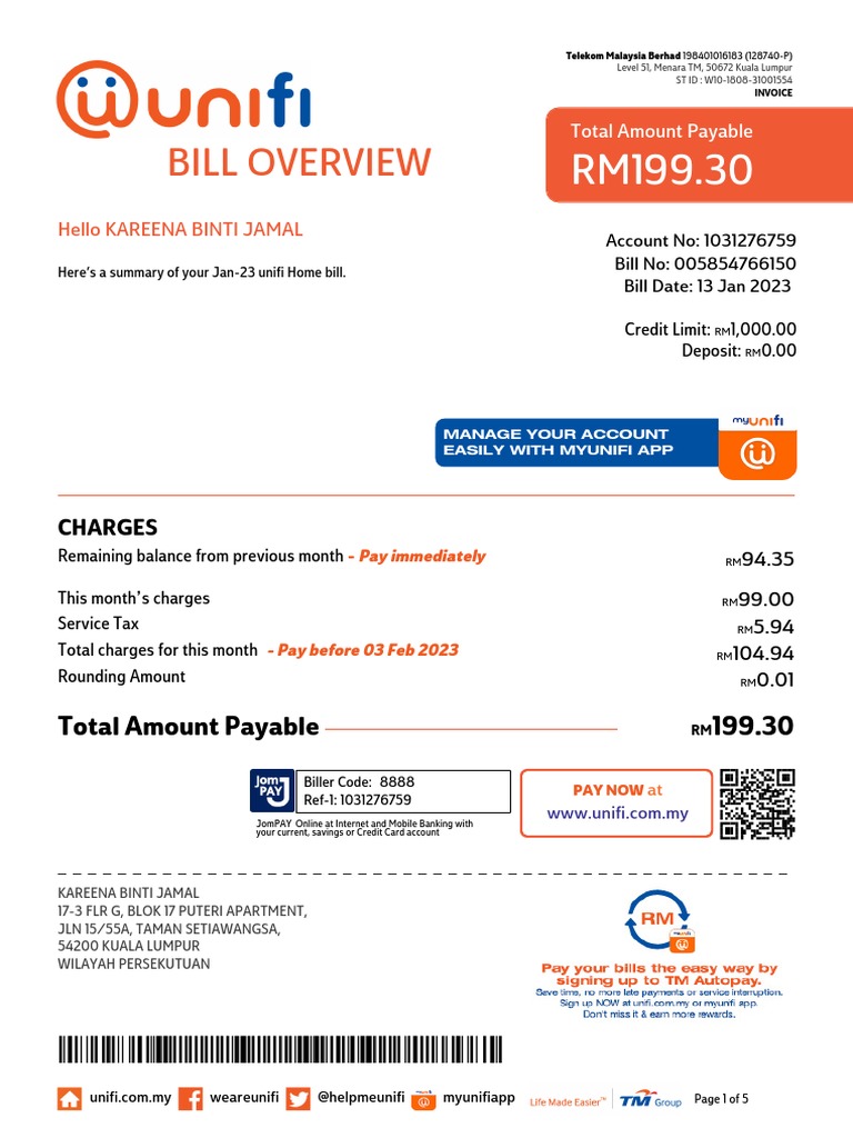 Kareena's January 2023 unifi Home Bill | PDF | Banking Technology | Money