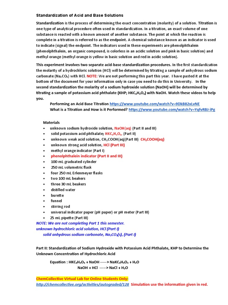 Standardization of Acid and Base Solutions | PDF | Chemistry | Titration