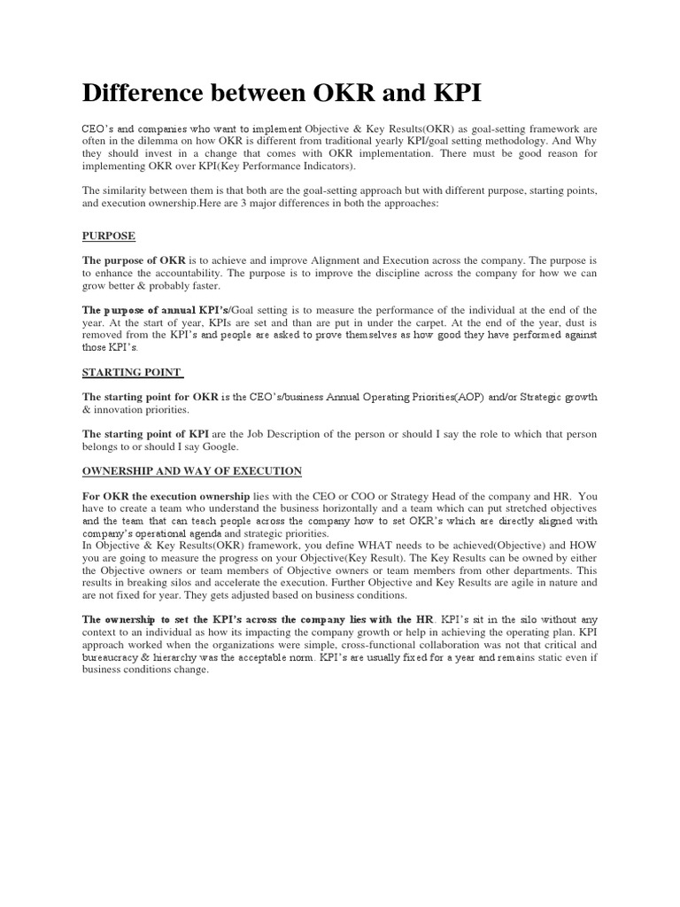 Difference Between OKR and KPI | Download Free PDF | Performance ...