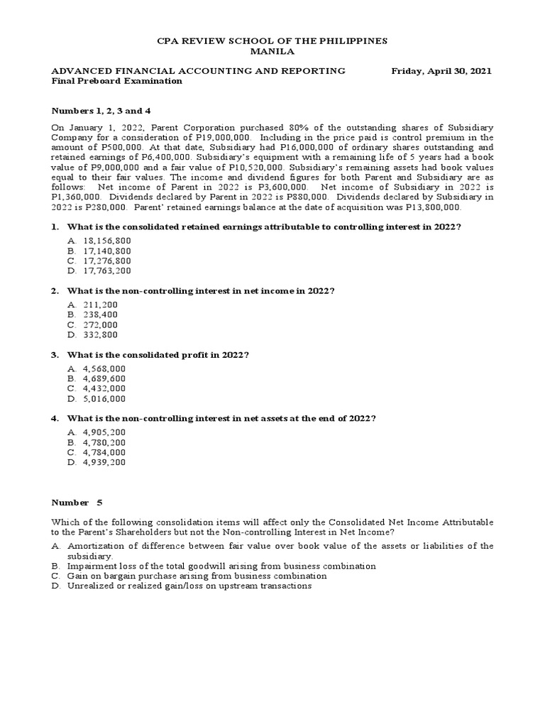 CPA Consolidated Financial Exam 2022 | PDF | Fair Value | Equity (Finance)