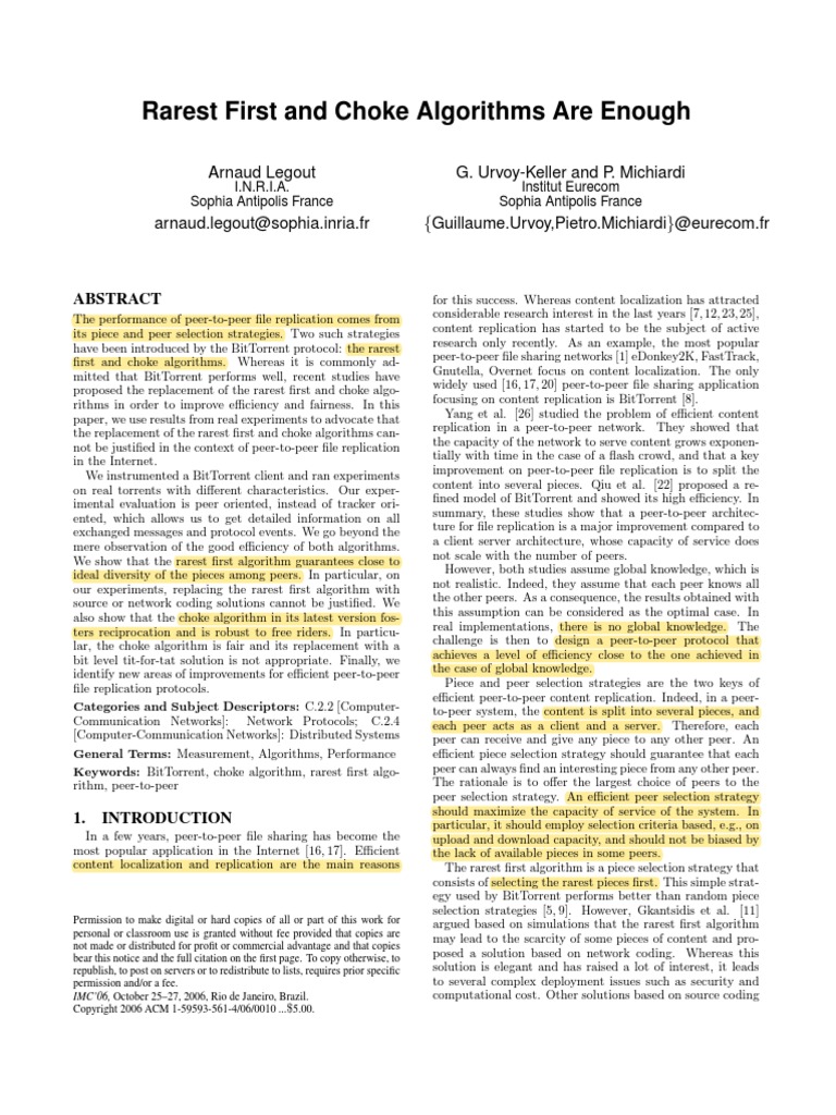 Rarest First and Choke Algorithms Are Enough | PDF | Peer To Peer ...