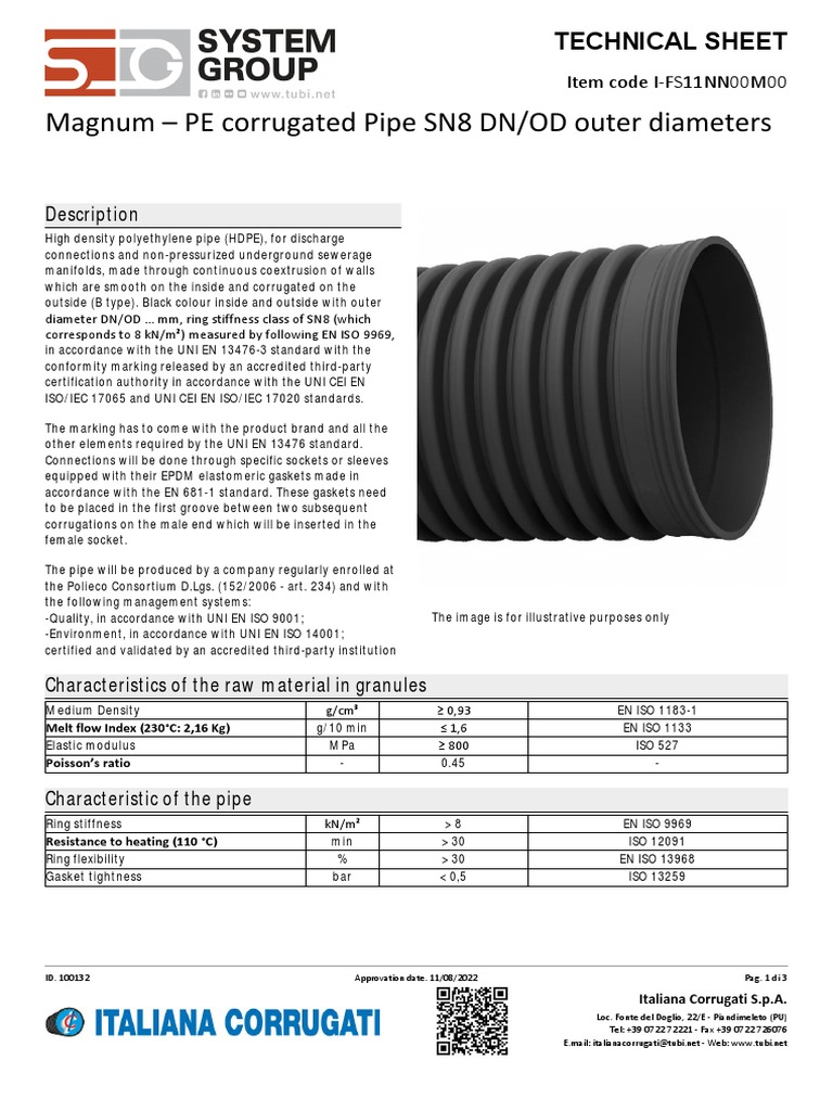 Magnum Â PE Corrugated Pipe SN8 DN-OD Outer Diameters | PDF | Pipe (Fluid Conveyance) | Stiffness