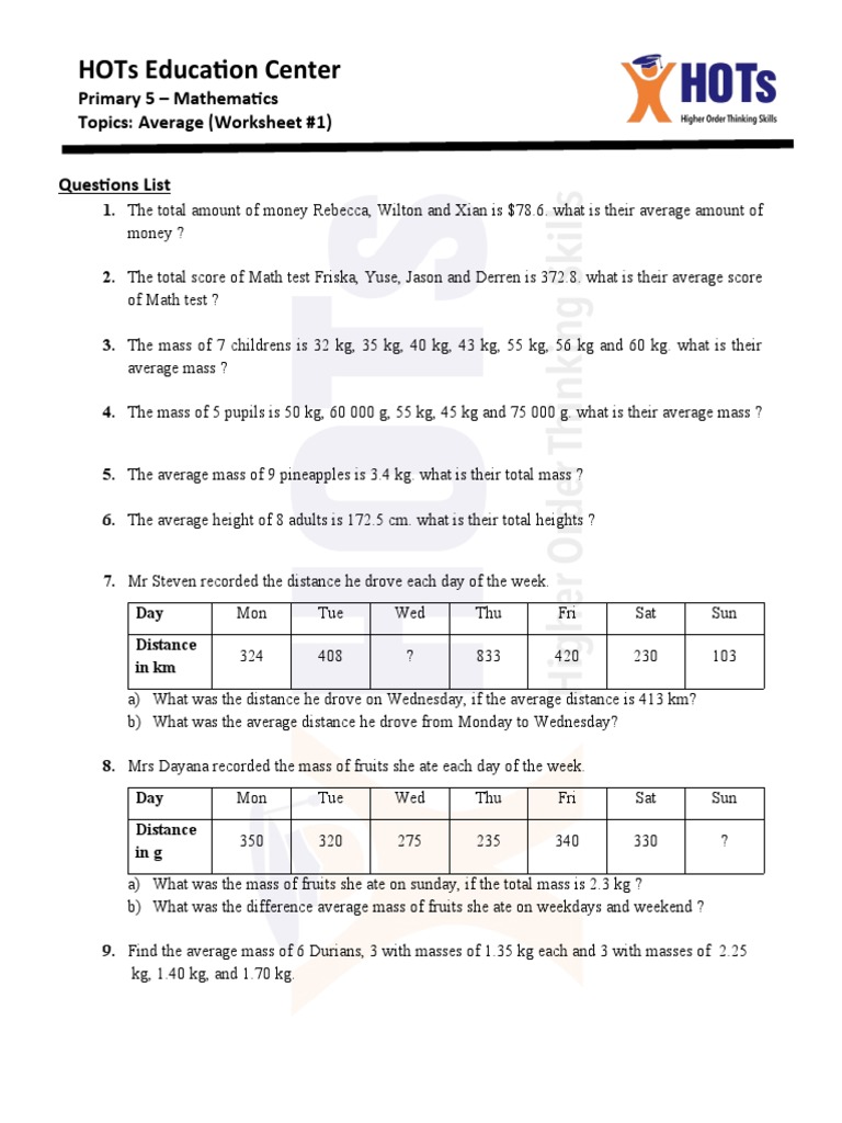 Primary 5 Math: Average Worksheets | PDF | Mathematics | Metrology