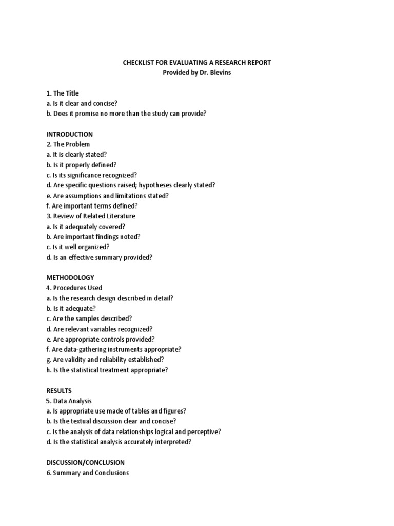 Research Report Evaluation Checklist | PDF | Data Analysis | Statistics