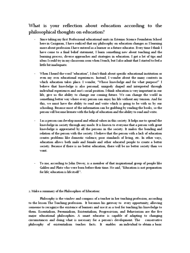 What Is Your Reflection About Education According To The Philosophical ...