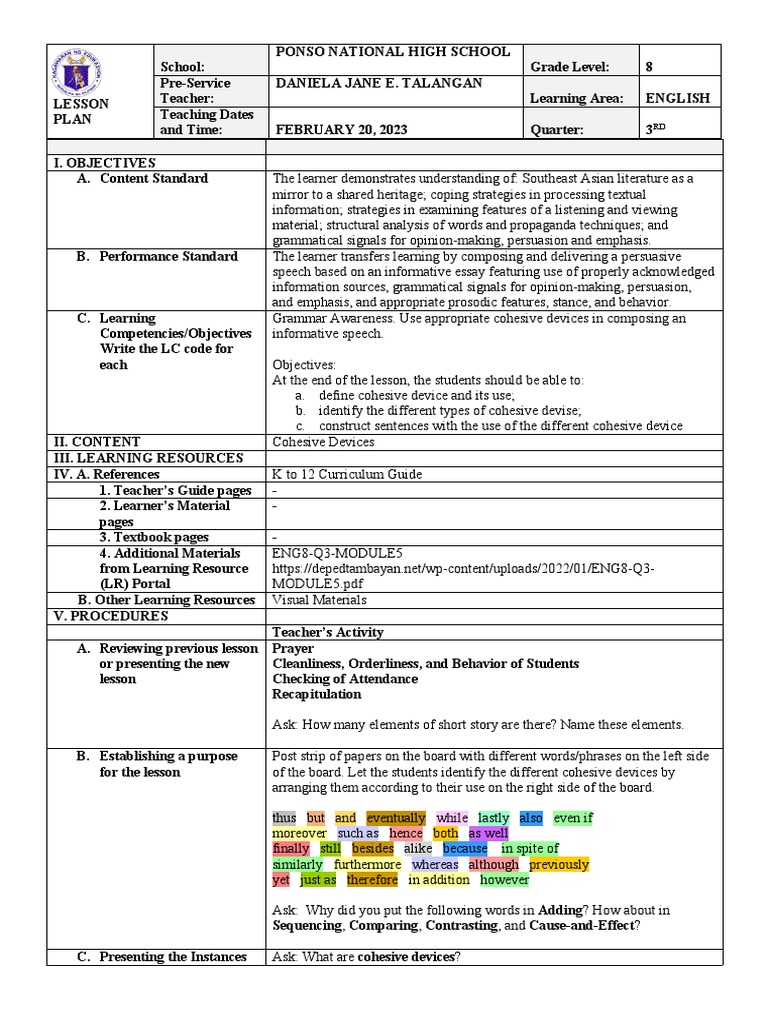Cohesive Devices Lesson Plan for Grade 8 | PDF | Learning | Teachers