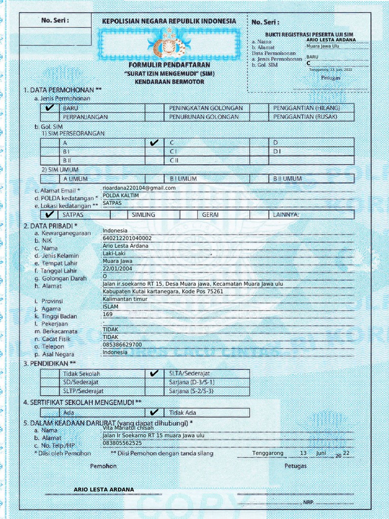 Formulir Pendaftaran SIM Online | PDF