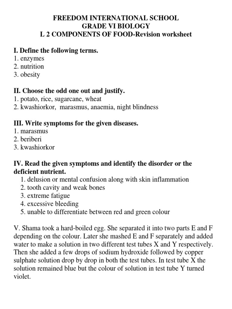 L 2 Components of Food Revision Worksheet 1662708084 | PDF | Vitamin ...