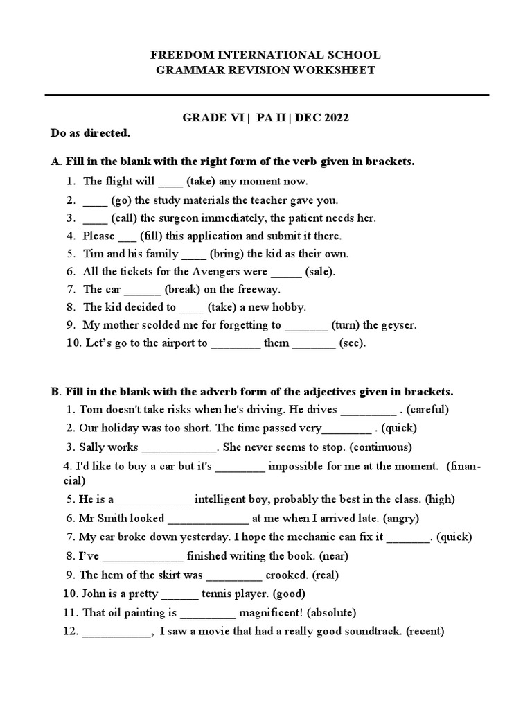 Grade VI Grammar Revision Worksheet | PDF