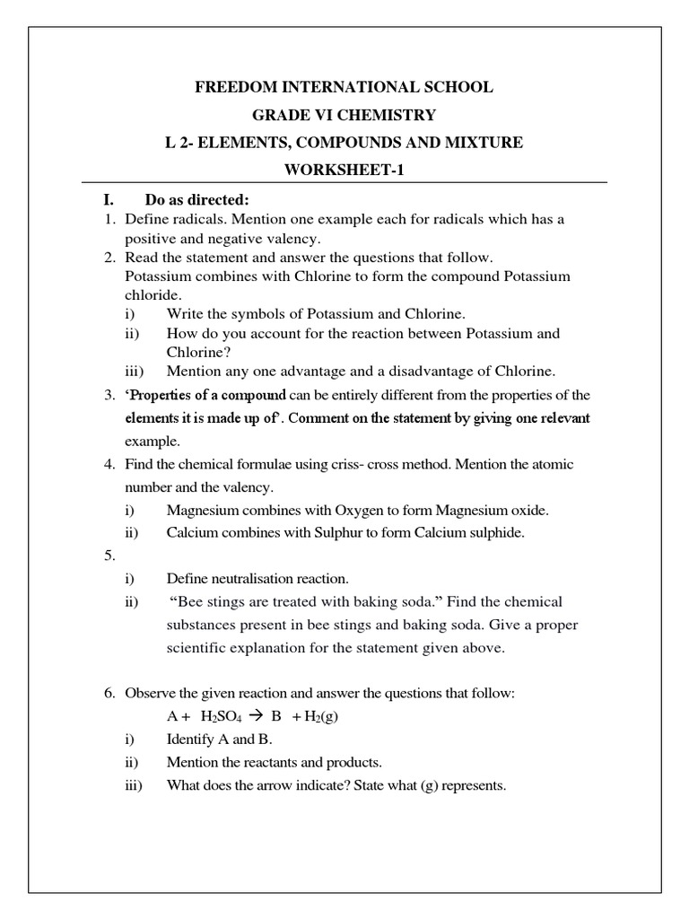 Grade 6 Elements and Compounds Worksheet | PDF | Chemical Compounds ...