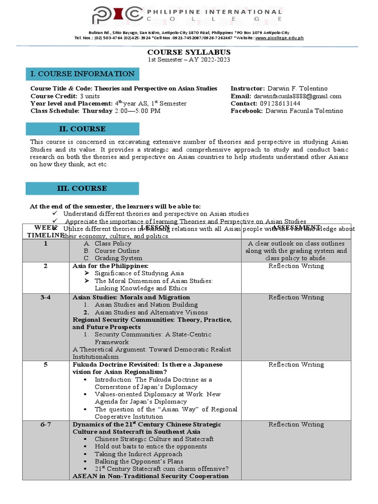 PIC COURSE SYLLABUS Theories & Perspective On AS (AS 41A) | PDF ...