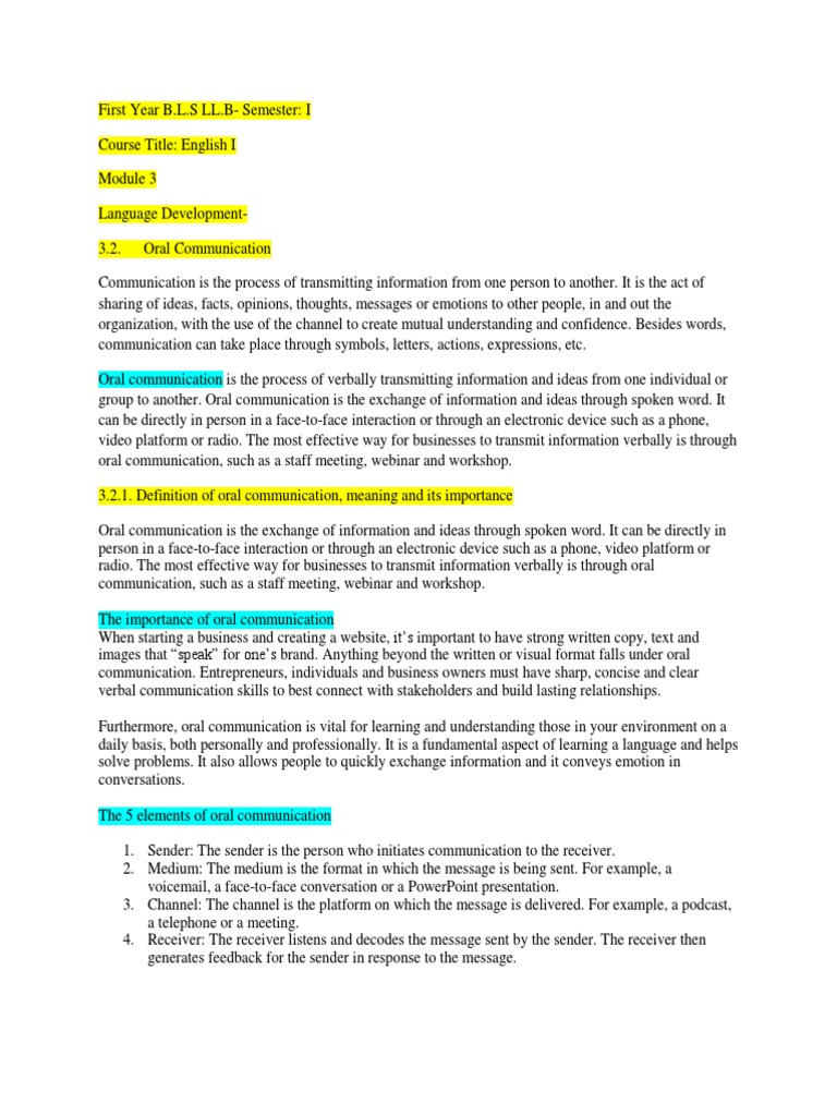 B.L.S LL.B English I Oral Communication Notes | Download Free PDF ...