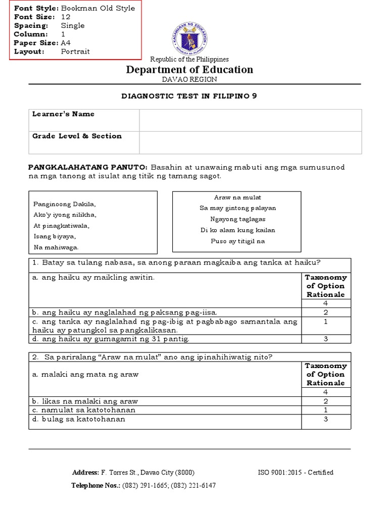 Test Question Filipino 9 | PDF