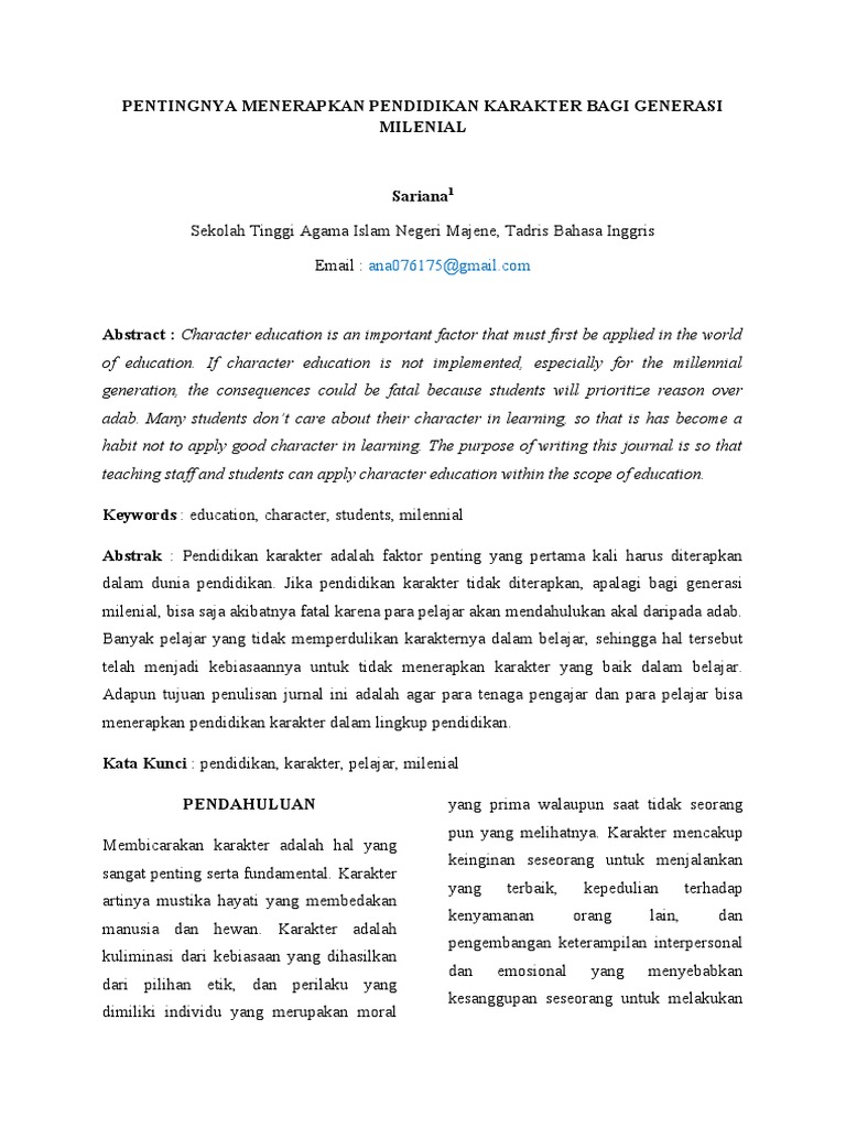 Pentingnya Menerapkan Pendidikan Karakter Bagi Generasi Milenial | PDF