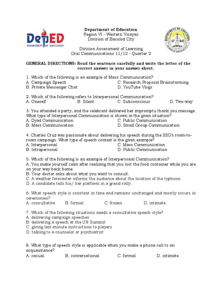 Oral Communications Assessment Guide | PDF | Communication | Cognitive ...