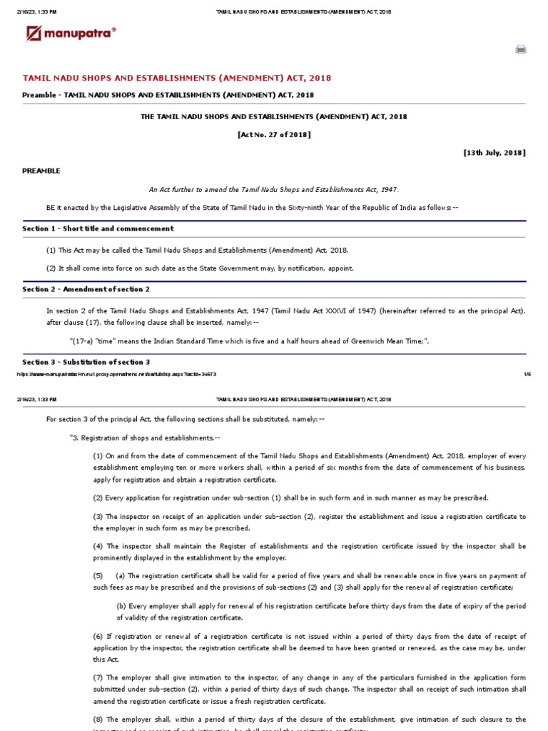 Tamil Nadu Shops Act 2018 Amendments | PDF | Private Law | Common Law