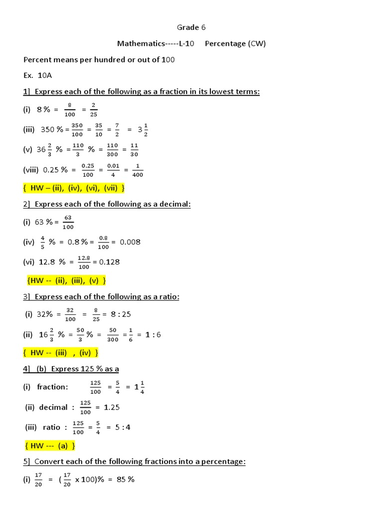 CW Percentage Grade 6 (10A and 10B) | PDF | Percentage | Physical ...