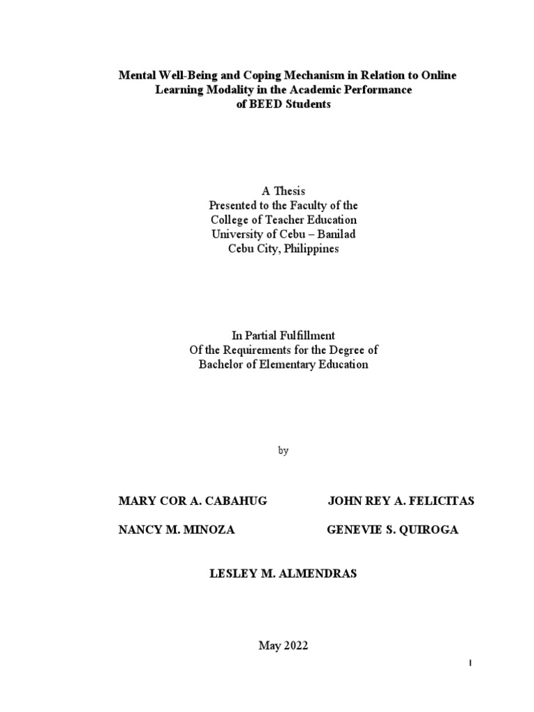 Mental Well-Being and Coping Mechanisms of BEED Students in Relation to ...