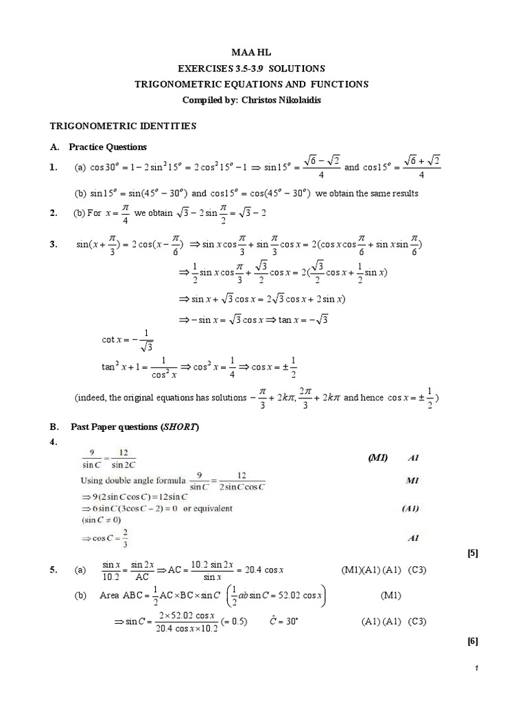 Maa Hl 3 5 3 9 Trigonometric Equations And Functions Solutions Pdf