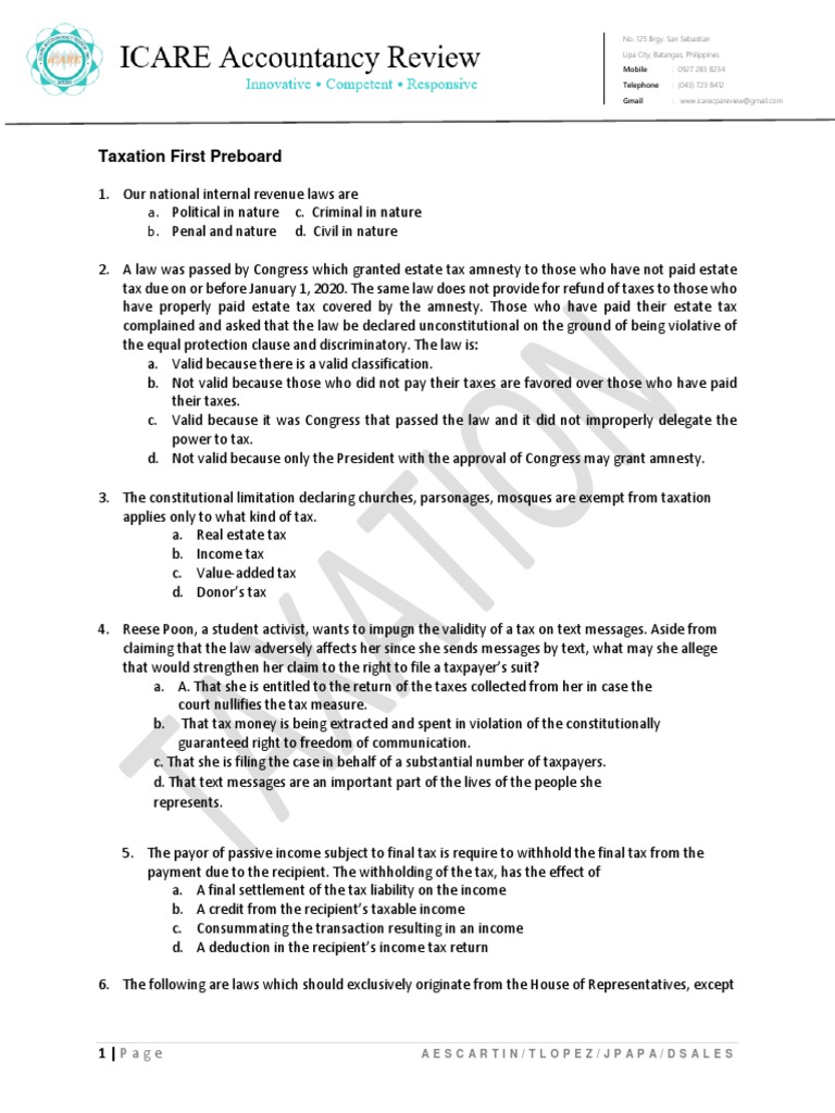 TAX05 - First Preboard Examination | PDF | Taxes | Gross Income