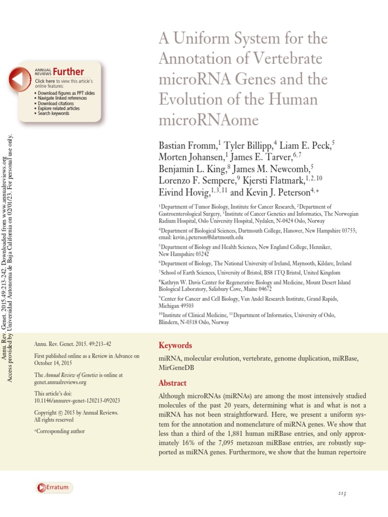 A Uniform System For The Annotation of Vertebrate MicroRNA Genes and ...
