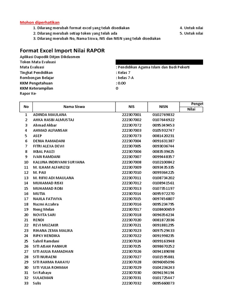 Panduan Format Excel Nilai RAPOR Kelas 7 | PDF