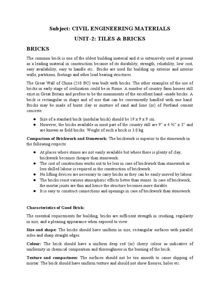 CIVIL ENGINEERING MATERIALS: TILES & BRICKS | PDF | Brick | Concrete