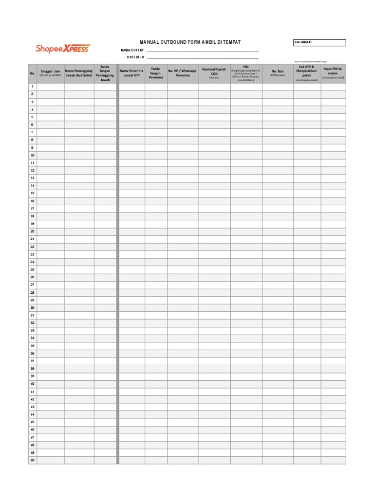 Formulir Manual Outbound Agen Shopee | PDF