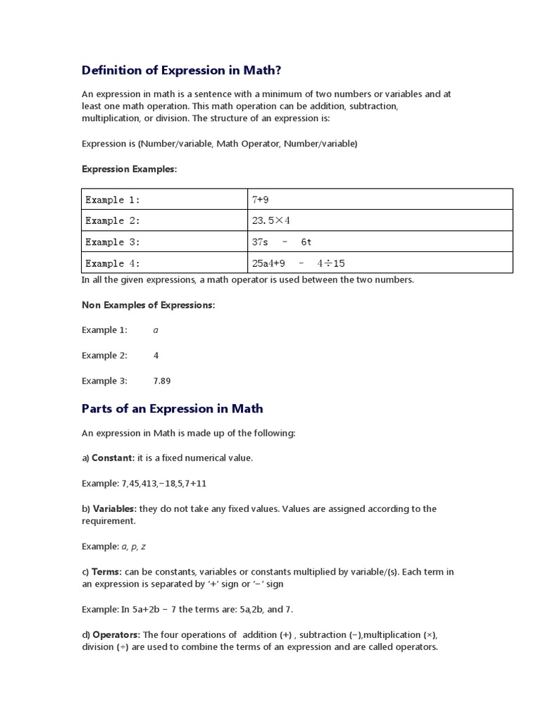 Bu I 1. Definition of Expression in Math 1 | PDF | Equations | Mathematics