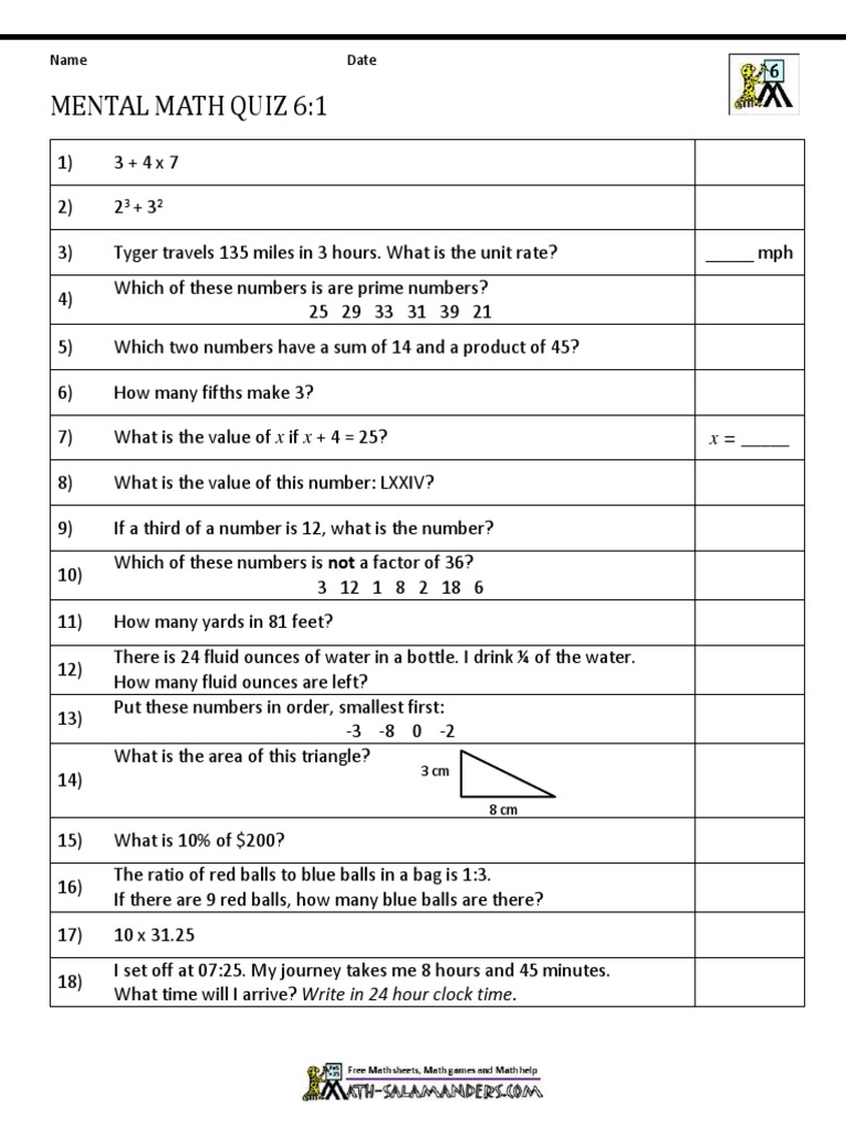 Mental Math 6th Grade 1 | PDF | Number Theory | Arithmetic
