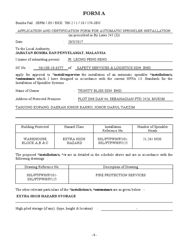 Form A - PTPWH | PDF | Fire Sprinkler System