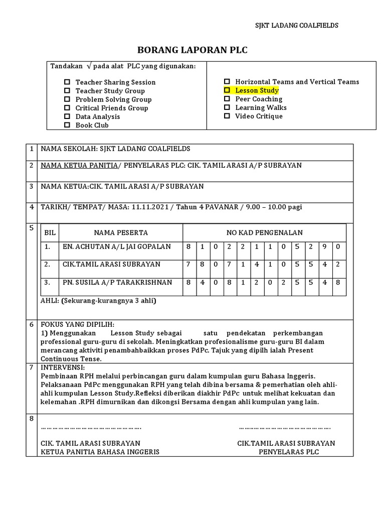 Borang Laporan PLC 1 | PDF